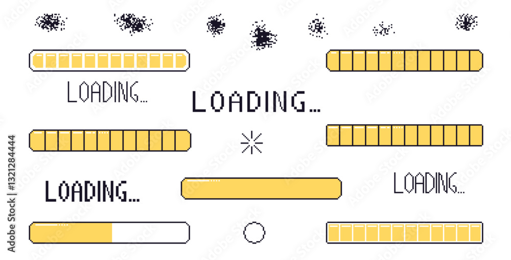 Pixel art loading bar interface. 8 bit game progress button elements set and text. Different ...