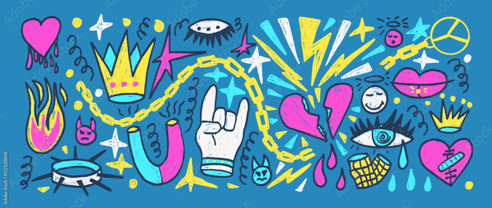 Rock crayon set. Punk breaking heart, demon and angel doodle background. Scribble grunge hand ...