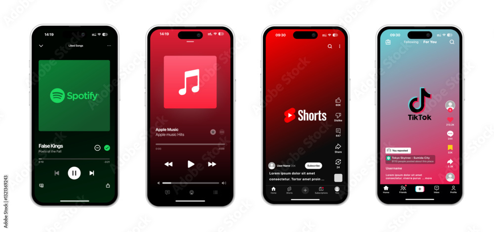 Spotify, Apple Music, YouTube Shorts and TikTok interfaces icons ...