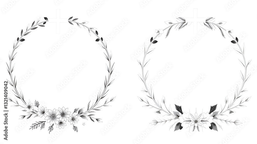 Funeral vector frames, isolated wreaths of floral design with crosses ...