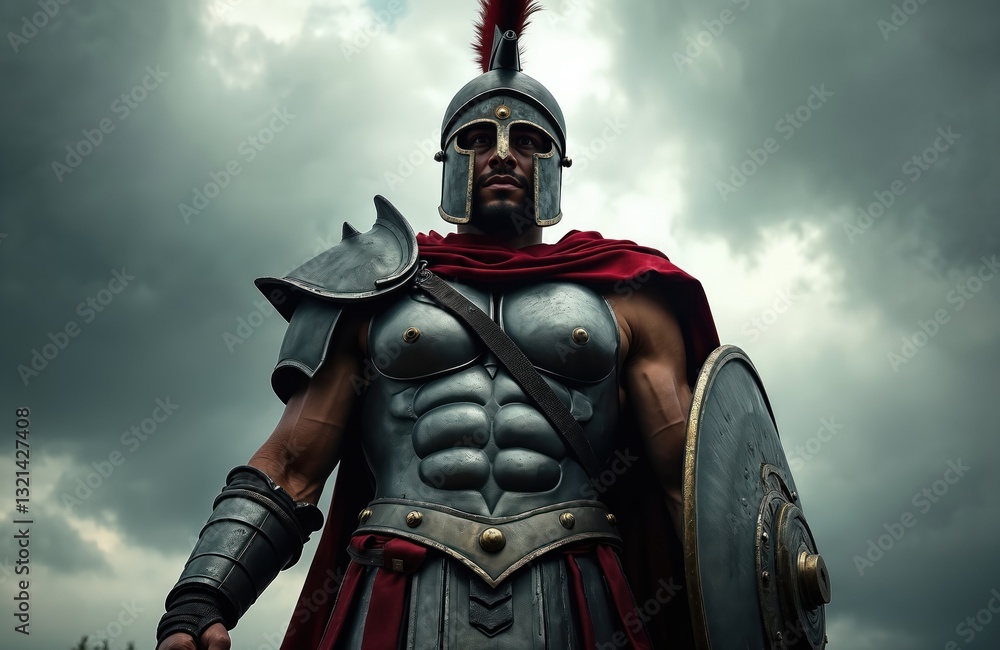 Spartan warrior in heavy armor faces gathering storm clouds. Muscular ...