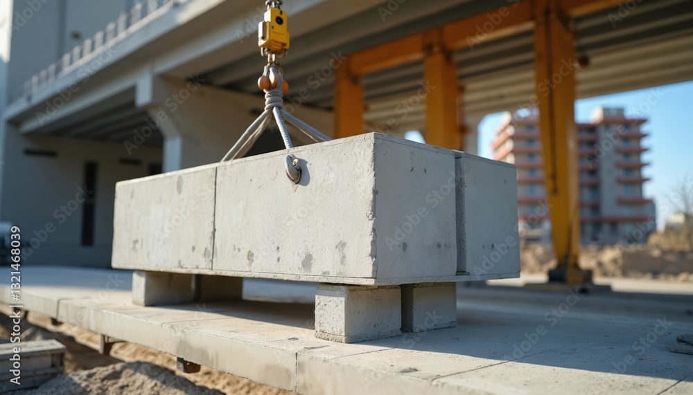 Precast concrete bridge lifted by crane for modular assembly. Civil ...