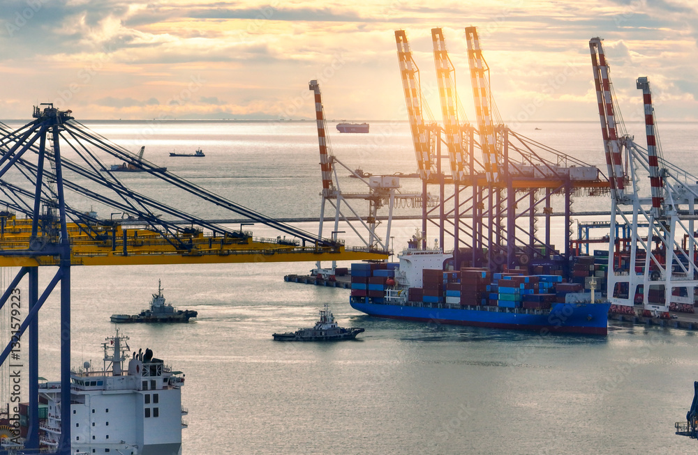 Logistics and transportation of container cargo ship at ship port ...