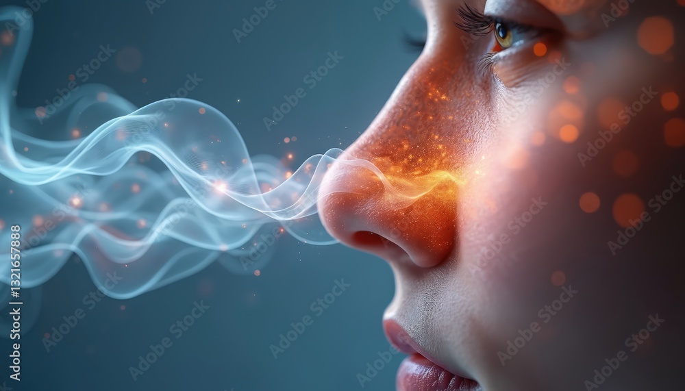 Macro side view of human nose with abstract wave patterns. Orange glow ...