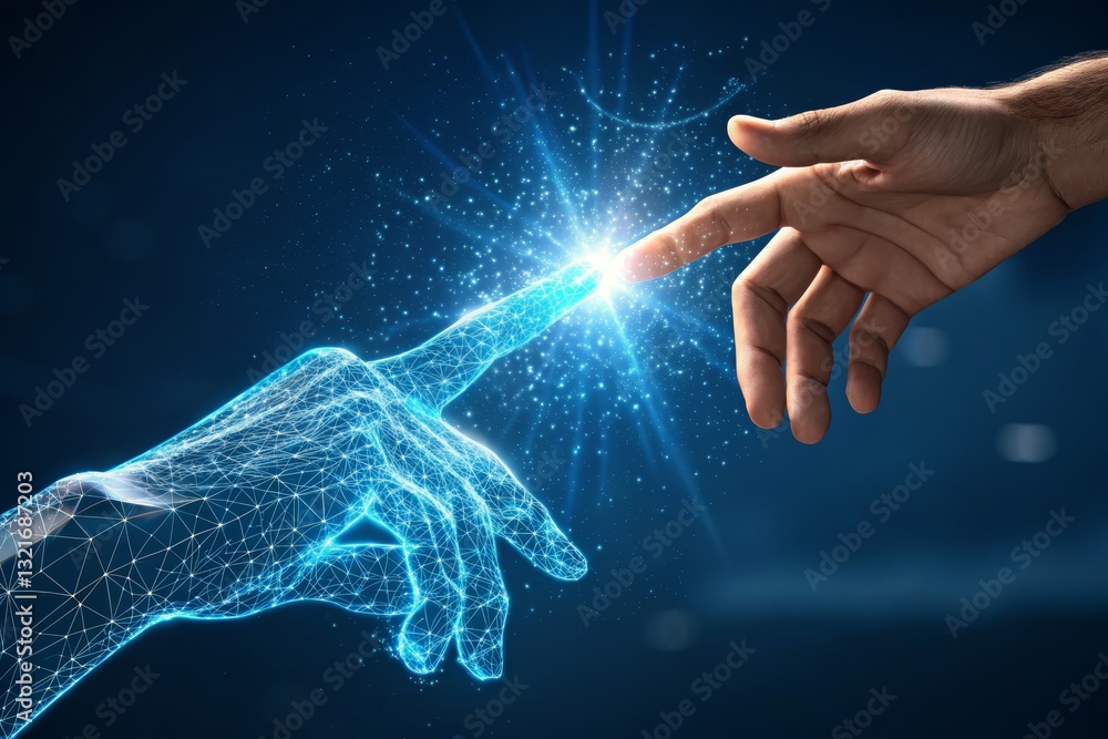 A hyper-realistic digital art of a human hand and a glowing blue ...