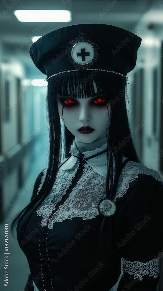 Dark gothic anime nurse with deep red eyes, black and white uniform ...