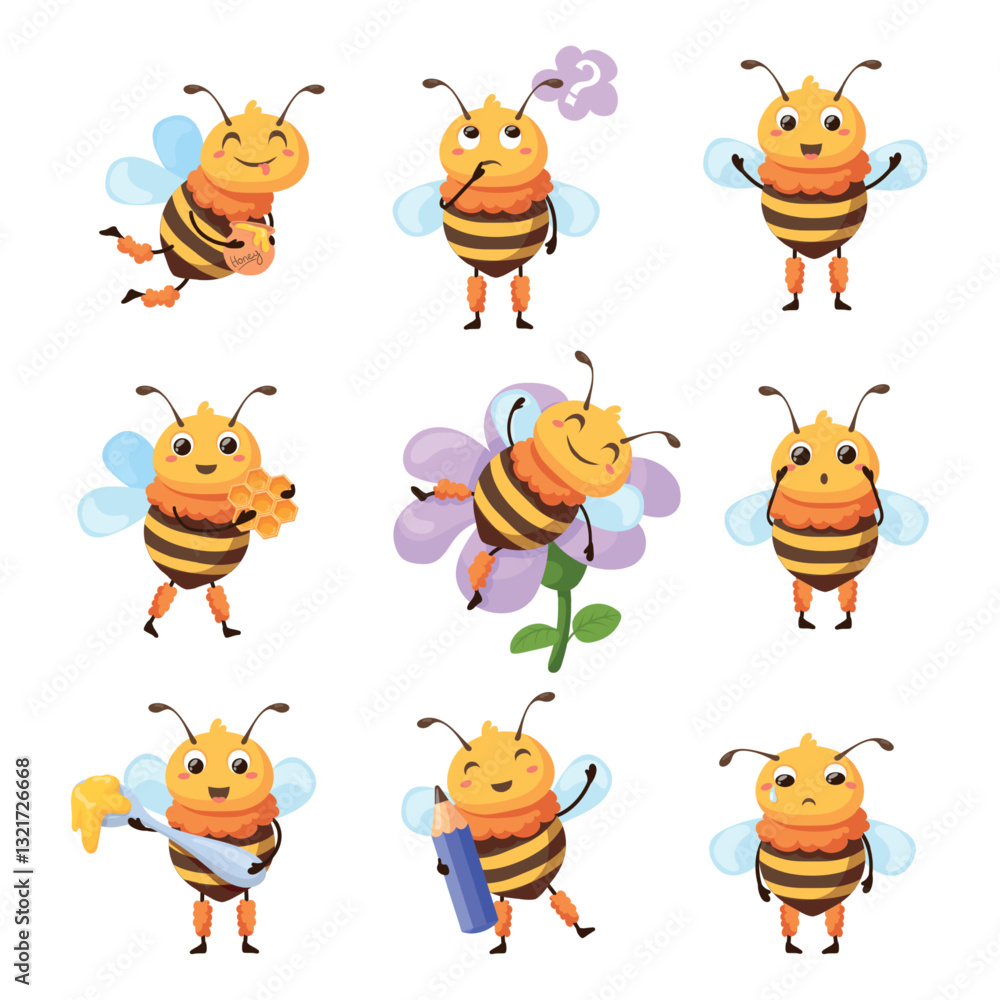 Honey bees characters. Cartoon bee mascot, flying honeybee adorable ...