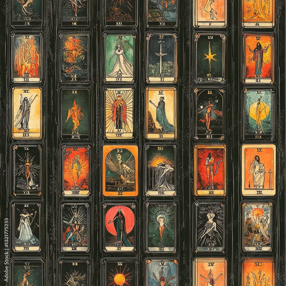 Enigmatic tarot cards pattern featuring mystical designs and symbols ...