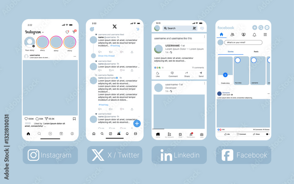 instagram, x twitter, linkedin, Facebook mockup social media frame ...