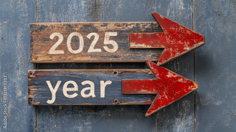 Minimalist concept of a directional signpost indicating the year change ...