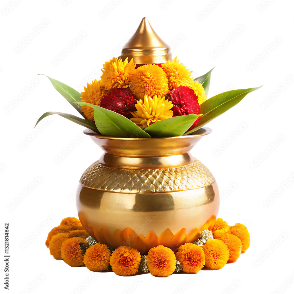 golden puja kalash decorated flower white background.png Stock Photo ...
