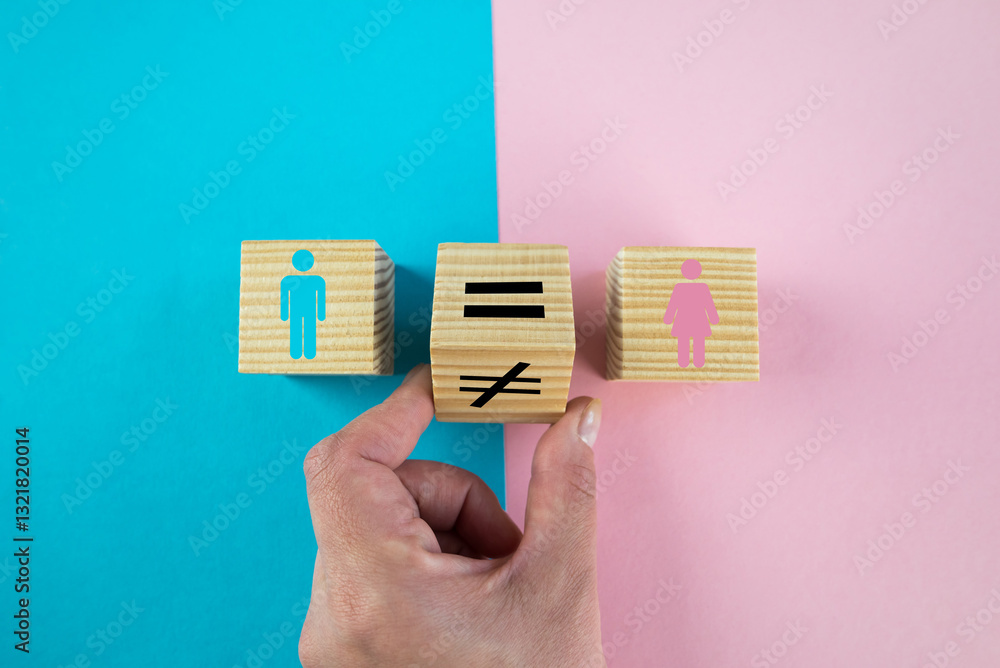 Gender equality symbol. Hand turns cube and changes inequality sign to ...