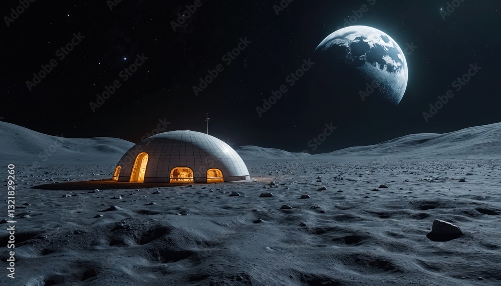 Night lunar base illuminated under dark sky of moon with earth visible ...