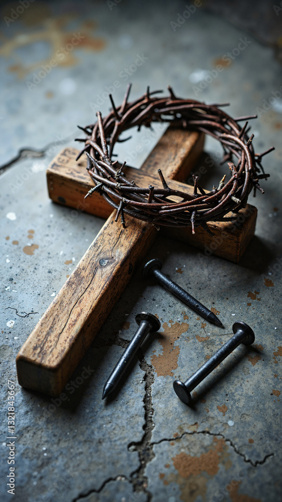 Rustic Wooden Cross with Crown of Thorns and Nails: A Profound ...