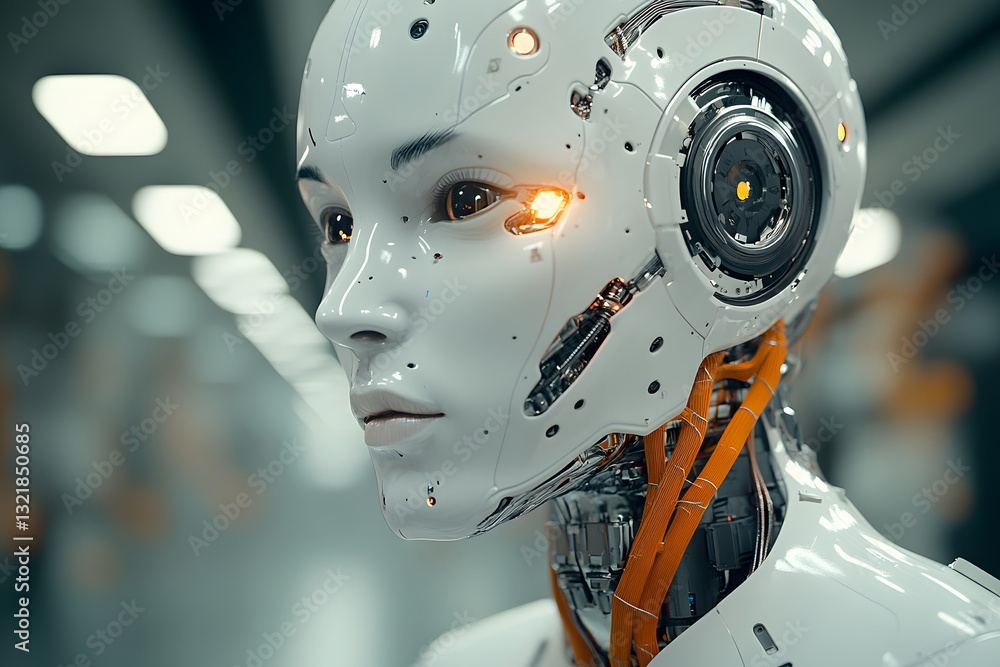 Portrait of a man-robot hybrid, blending organic and mechanical ...