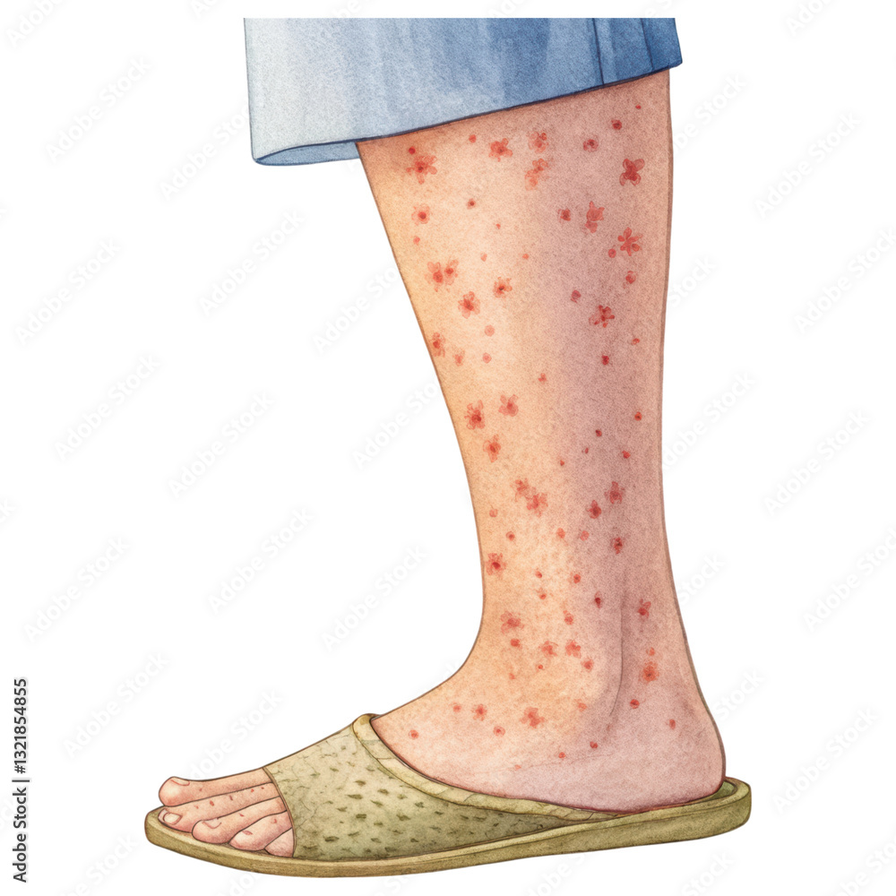 Skin problems watercolor illustration of itchy rash on person leg ...