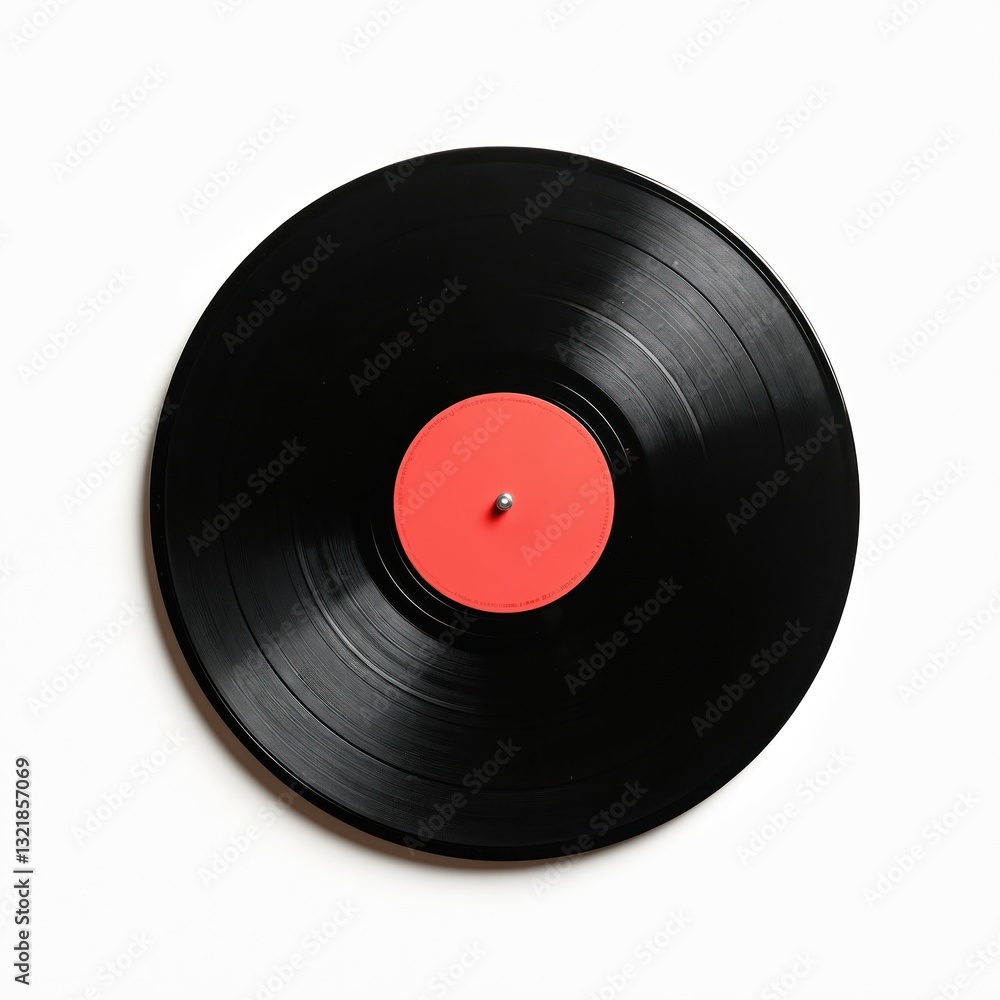 Vintage vinyl record with bright red label isolated on white. Retro ...