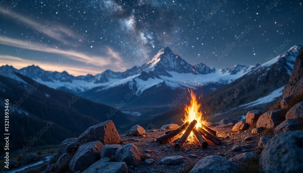 Night photography of set firebone in the night snowy mountains, night ...