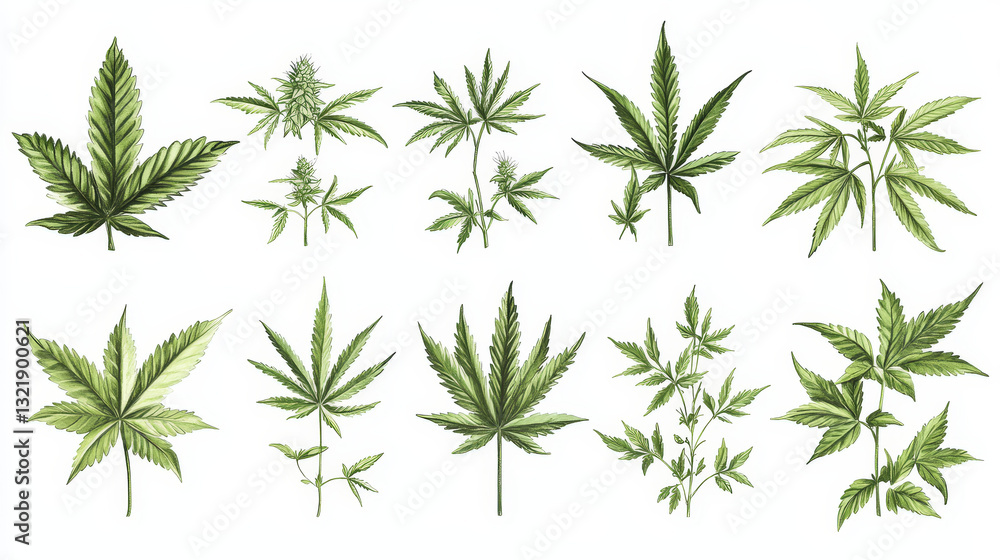 Color hand drawn cannabis. Green hemp plant seeds, sketch cannabis leaf ...