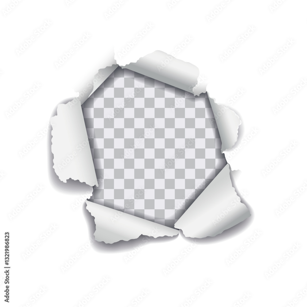 Realistic hole torn in white paper with curled rolled edges on ...