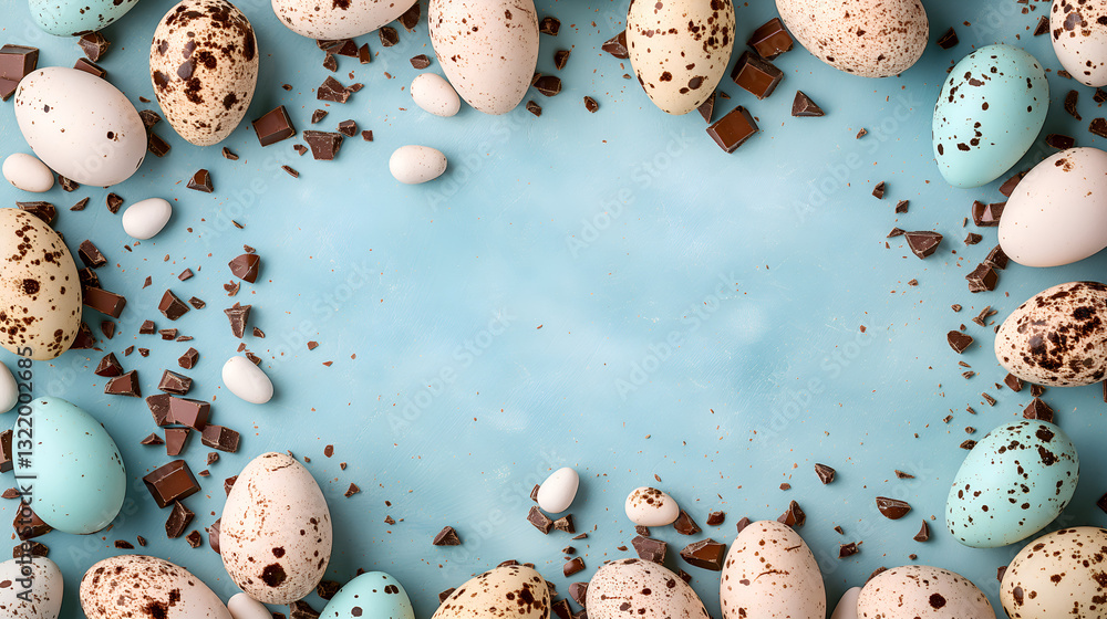 Top down view of an Easter border frame of robin's eggs and chocolate ...