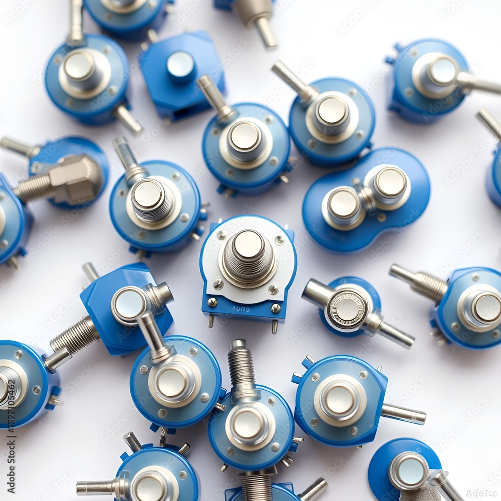 A bunch of white blue potentiometer on a white background Stock Photo ...