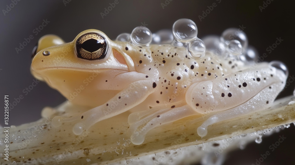 Frog life cycle. Egg masses, tadpole, froglet, frog metamorphosis. Wild ...