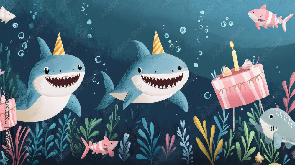 Invitation card with cute sharks. Baby shark birthday party, sharks ...
