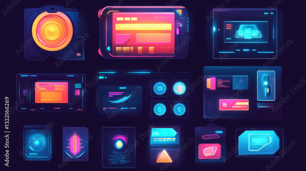 ภาพประกอบ Stock Game frame. Streaming interface elements, button icon frame futuristic layout ...