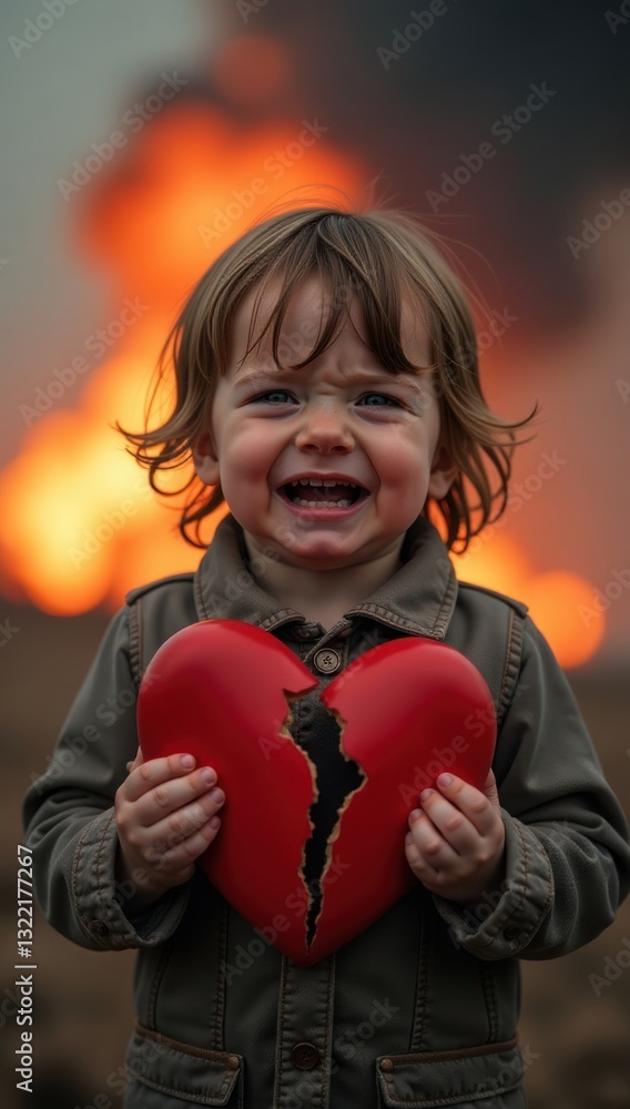 Crying Child with Broken Heart in War Zone. Innocent Victim of Conflict ...