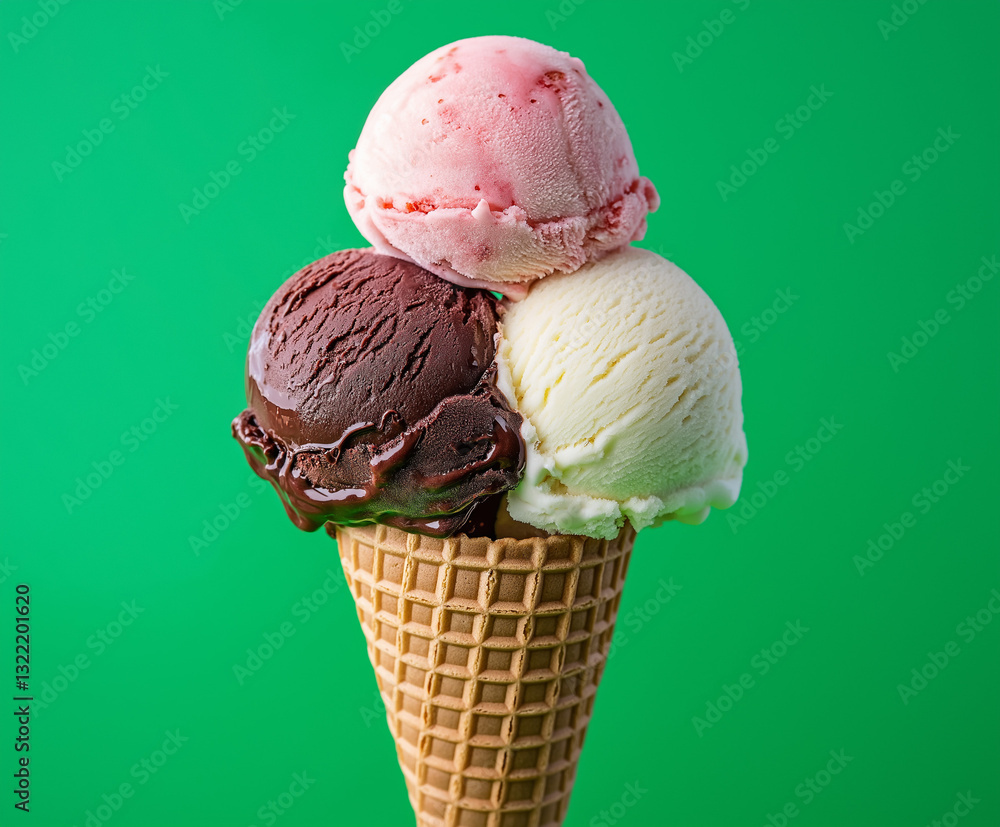 cone of ice cream with three scoops white vanilla, dark chocolate ...