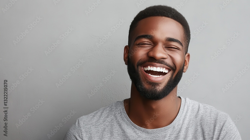 Handsome unshaven young dark-skinned male laughing out loud at funny ...