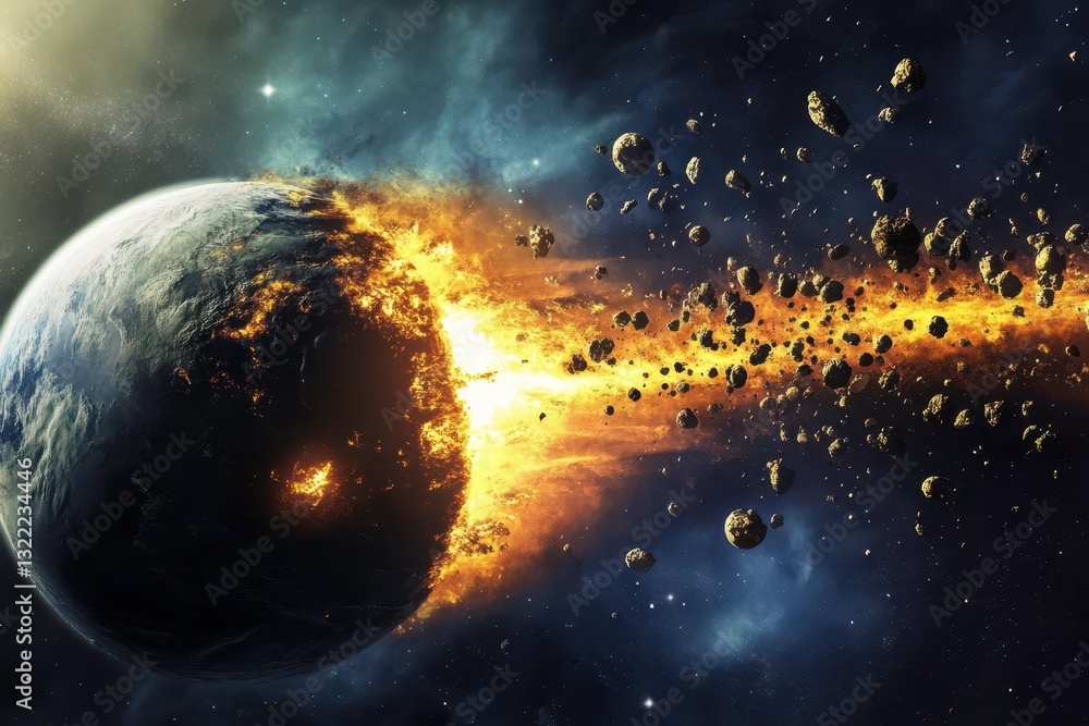 Devastation concept art shows planet destroyed and asteroids in space ...