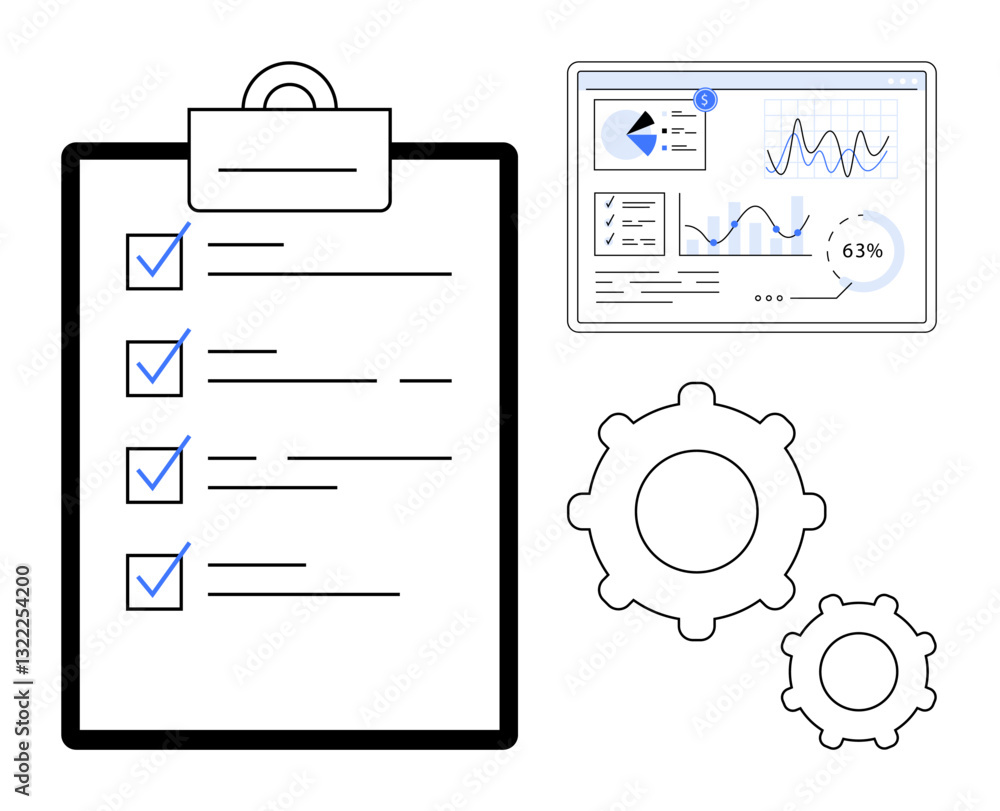 Checklist with marked tasks, analytics dashboard with charts, and two gear icons representing ...