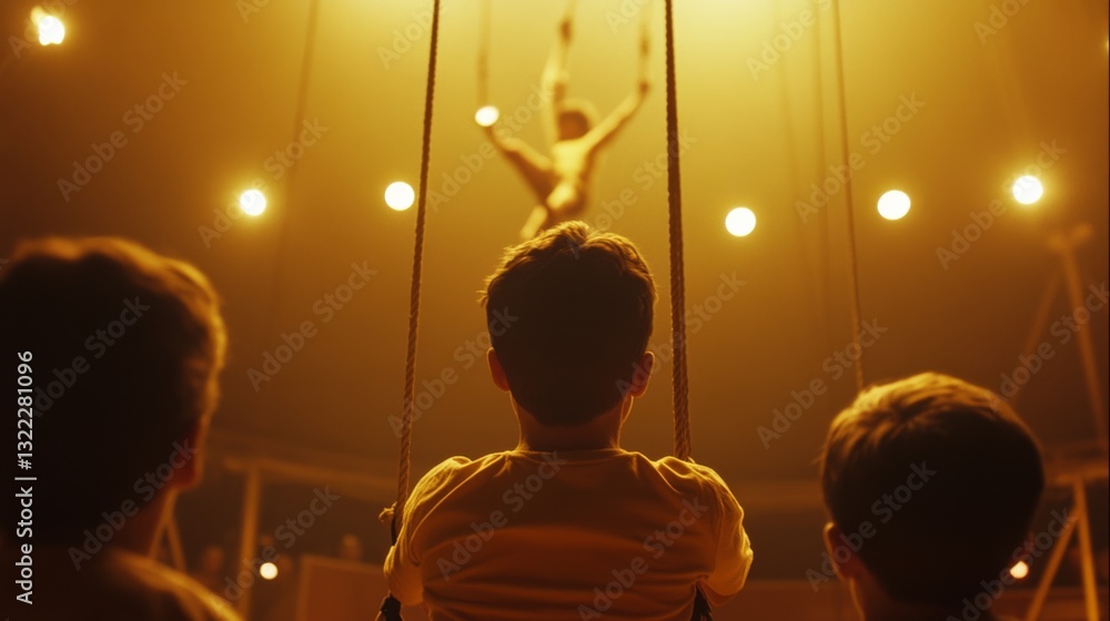 Children mesmerized by an aerial performance, lights accentuating the ...