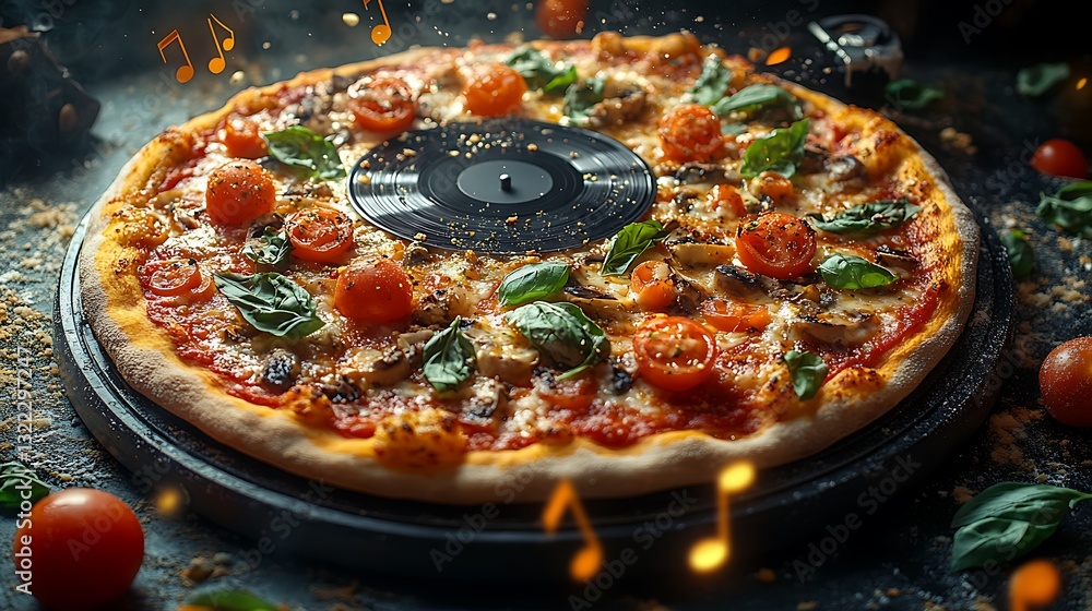 Artistic pizza toppings with a vinyl turntable and musical notes ...