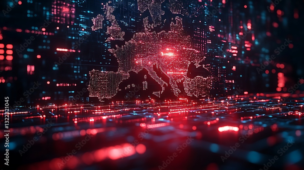 Digital map of Europe with a red alert warning indicating a large-scale cyber attack and ...