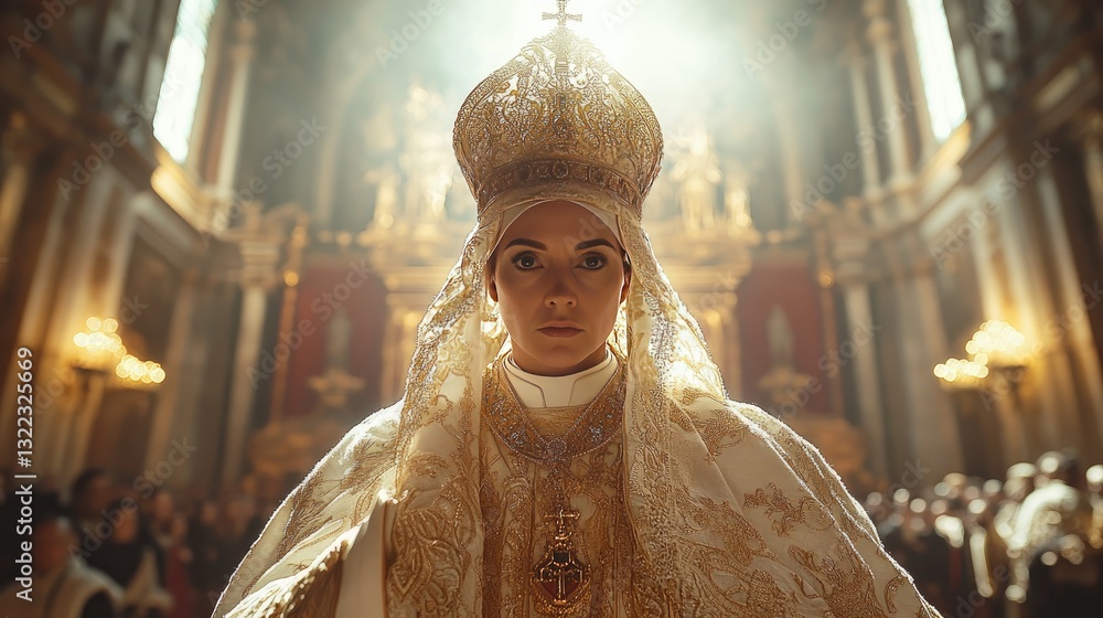 First female pope wearing papal tiara and traditional vestments in ...