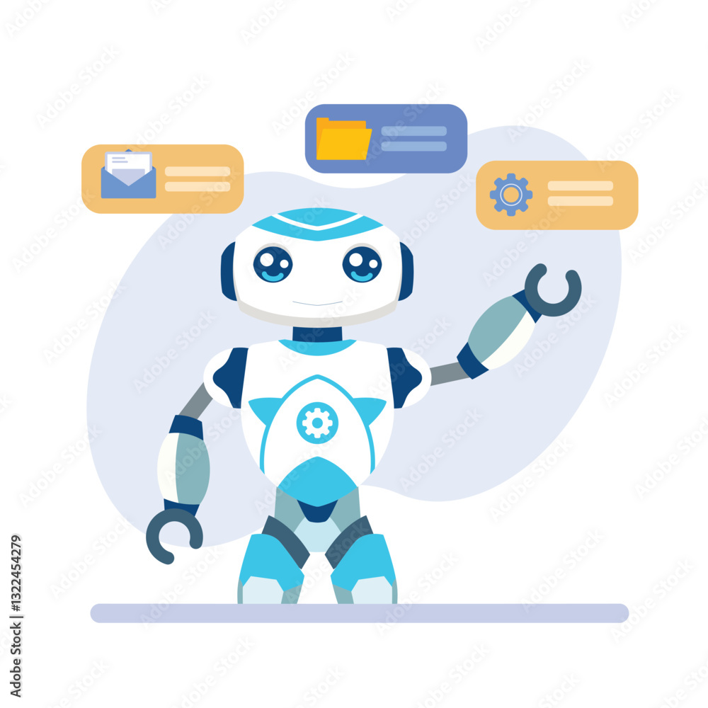 Presenting a friendly robot with email settings and folder icons Stock ...