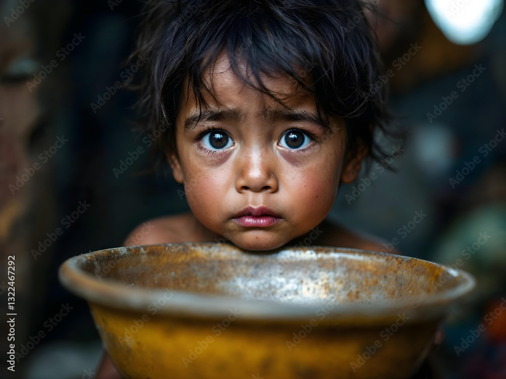 Poor child, wide-eyed gaze, close-up portrait, large bowl, malnourished ...