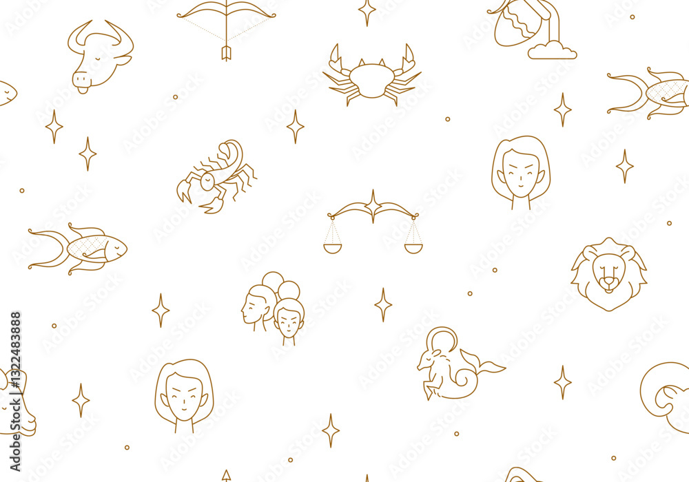 Seamless pattern with Zodiac signs, horoscrope symbols, stars in space ...