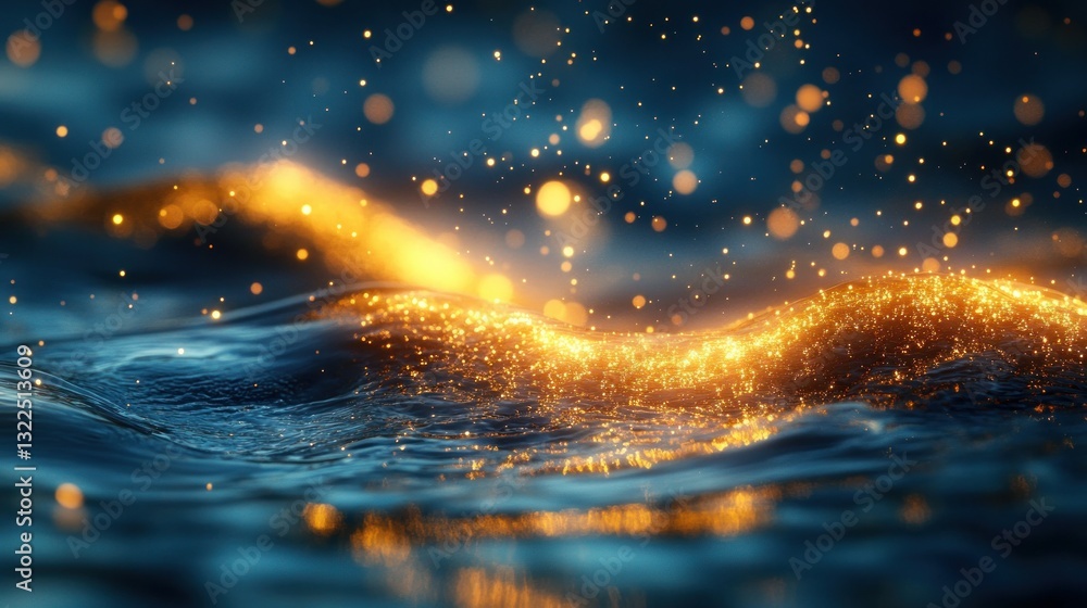 In a green-tinted, dazzling blue liquid, golden particles float. A ...