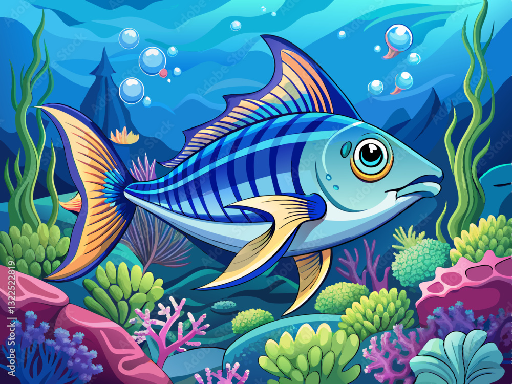 vector of Swimming fish clipart underwater scene, blue ocean background ...