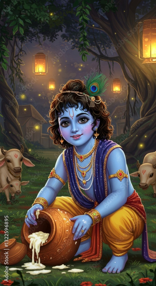 Lord Krishna, depicted with his beloved cow Gauri and the abundant flow ...