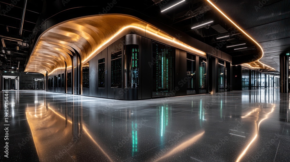A modern data center with server racks and curved ceiling lighting ...