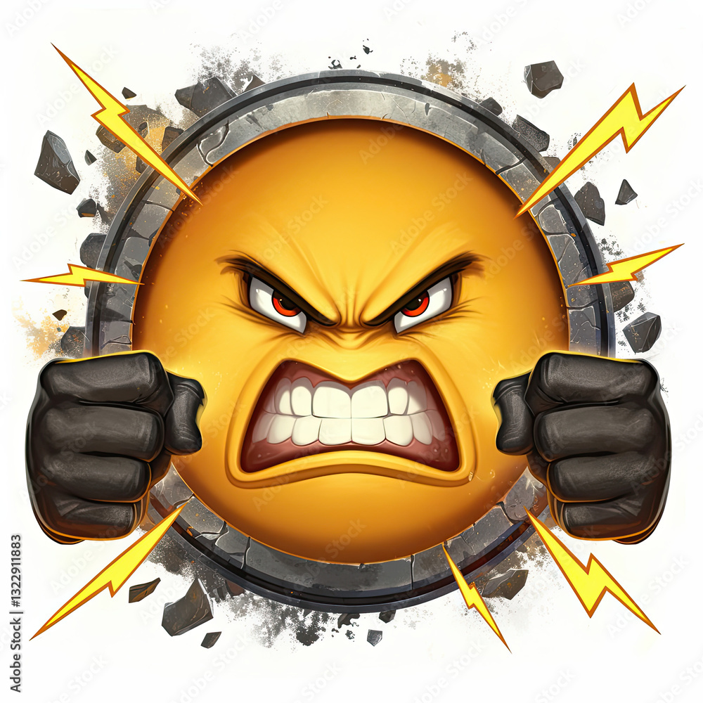 Furious emoji with clenched fists breaking through wall, expressing ...