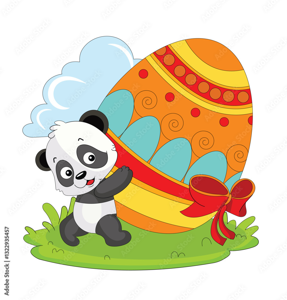 Baby Panda Carrying an Oversized Easter Egg, Cute Cartoon Illustration ...
