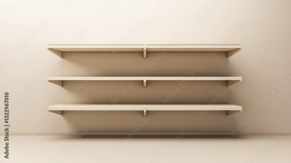 An empty store display shelf is shown in a 3D image. It has three ...