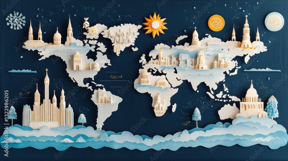 Cultural Map of World Religions: A stylized world map with artistic ...