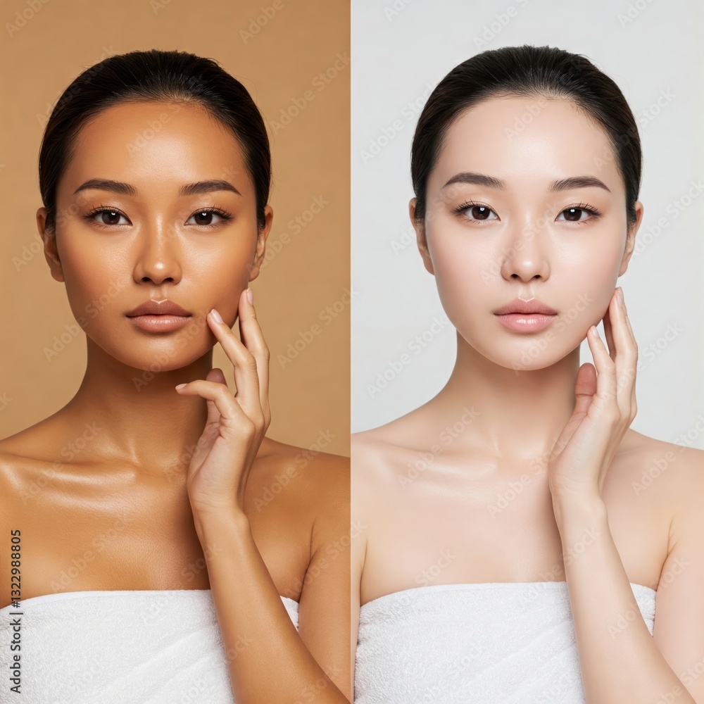 Skin whitening Asian beauty woman touching face comparison between dark ...